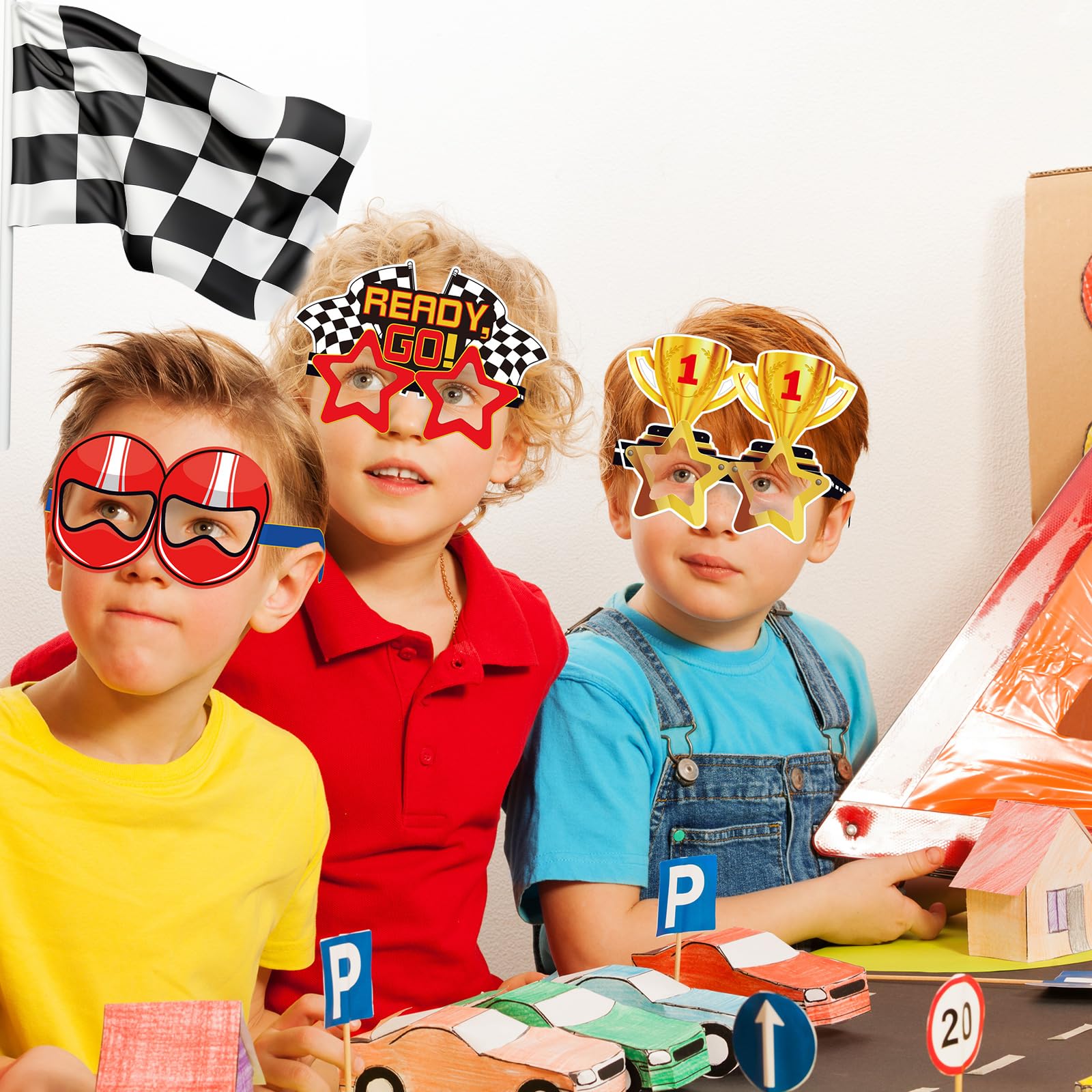 Herdear 32 Pcs Race Car Party Decorations Favor Racing Paper Glasses Frame Trunk Car Theme Eyeglasses Racing Car Party Favors for Boys Race Car Birthday Party Baby Shower Supplies Favors