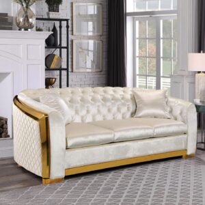 winjoy 82.3 inch velvet sofa set for living room, 3 seat modern & luxury chesterfield couch sofa with tufted back&gold stainless legs for apartment, office 2 pillows included beige