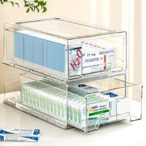 2 pack clear drawer plastic stackable storage box bins organizer，medicine container,family first aid kits medicine cabinet box,closet ，shelf，ointments, adhesive bandages，cosmetics,office items