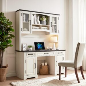 jxqtlingmu farmhouse 76" height computer desk with hutch, office desk with charging station, drawers and storage cabinet, workstation for office home, off white