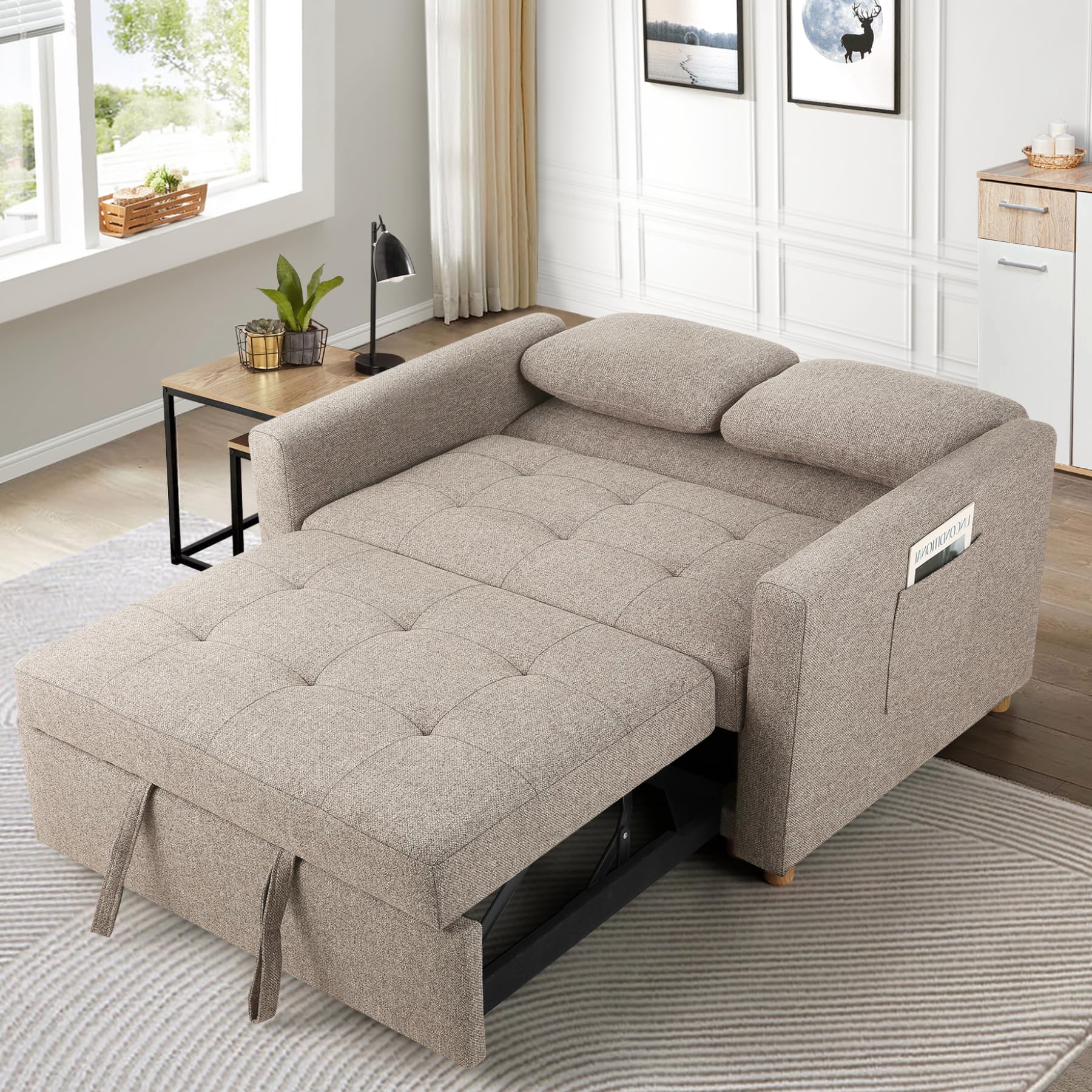 SEJOV 3-in-1 Convertible Sofa Bed, Linen Fabric Sleeper Couch Pull Out Bed, 49" 2-Seater Loveseat Futon Sofa with Spring Support, Adjustable Backrest and Pillows for Small Spaces, Living Room