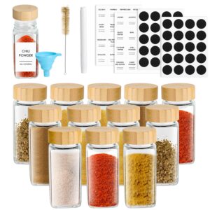 moniko 12 pcs glass spice jars with labels, 4 oz seasoning containers with bamboo lids, square seasoning storage bottles for kitchen, cabinet, spice rack