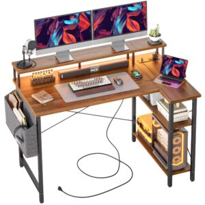 tiqlab l shaped gaming desk with power outlets, 47 inch computer desk with led lights and reversible shelves, corner desk work desk for home office bedroom, walnut