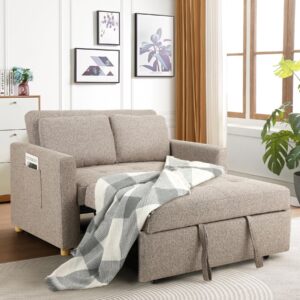 sejov 3-in-1 convertible sofa bed, linen fabric sleeper couch pull out bed, 49" 2-seater loveseat futon sofa with spring support, adjustable backrest and pillows for small spaces, living room