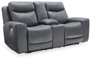 signature design by ashley mindanao modern leather match upholstered power reclining loveseat with console, usb ports and cup holders, gray