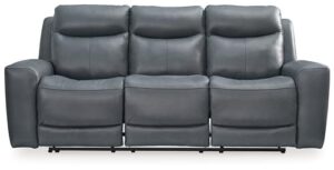 signature design by ashley mindanao contemporary leather match upholstered power reclining sofa with adjustable headrest and usb ports, gray