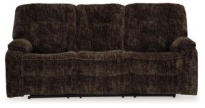 signature design by ashley soundwave contemporary manual reclining sofa with drop down table, usb ports and cup holders, dark brown