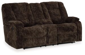 signature design by ashley soundwave contemporary manual reclining loveseat with console and cup holders, dark brown