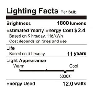 RAYHOO 12W LED Light Bulbs Incandescent 100-150 Watts Equivalent, E26/E27 Base, 1800Lumens Ultra Bright, Non-Dimmable,Pack of 2 (6000K White)