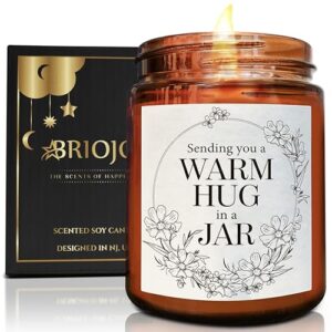 briojoy sending you warm hug in a jar candle - friendship gifts for women men best friend - relaxing gift for her him - natural soy candle for home - sea salt jasmine scented candles for stress relief