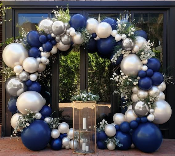 Navy Blue White Balloon Garland Double Stuffed Dark Blue White Sand Pearl Balloon arch Kit Royal Blue Silver Balloon for Birthday Chrismas New Year Baby Shower Graduation Party Decor