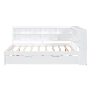 Harper & Bright Designs Full Daybed Frame with L-Shaped Bookcases, Wood Bed Frames with Trundle and USB Ports,Full Size Platform Bed with Storage Shelf and Charging Station for Kids Girls Boys, White