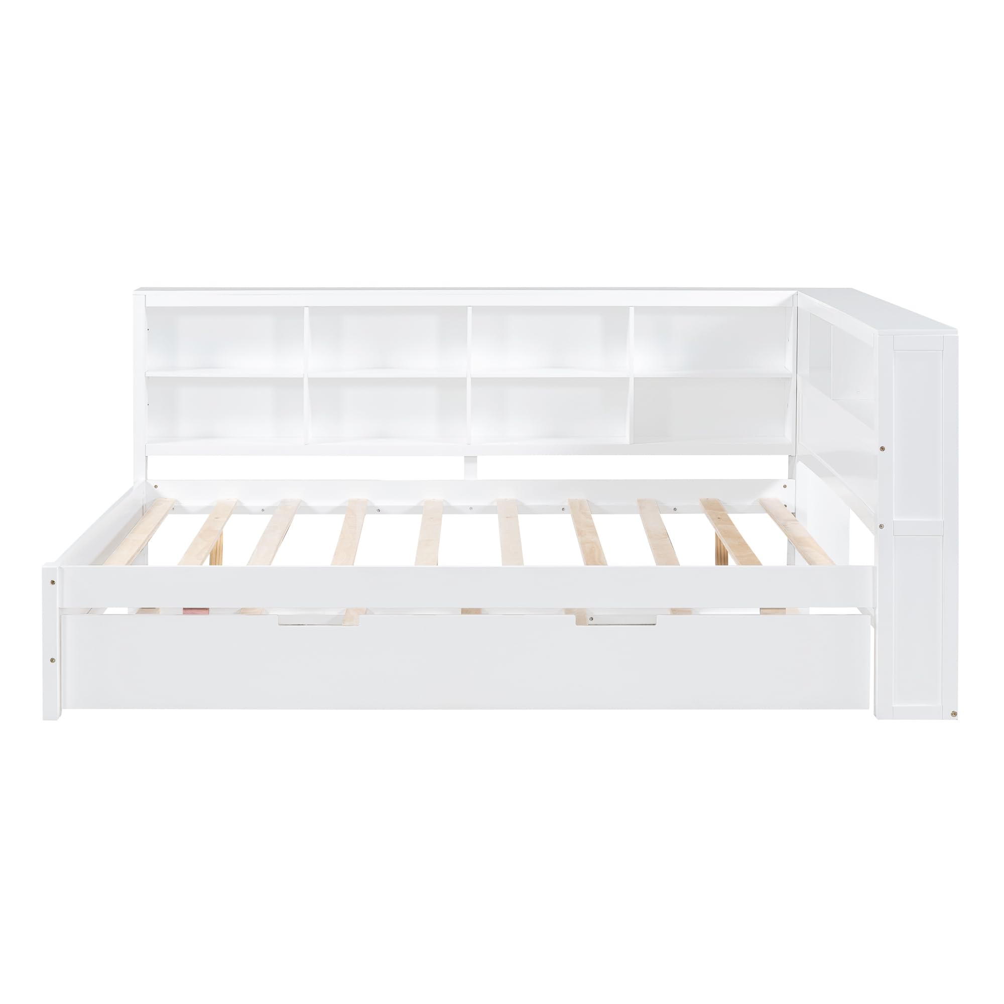 Harper & Bright Designs Full Daybed Frame with L-Shaped Bookcases, Wood Bed Frames with Trundle and USB Ports,Full Size Platform Bed with Storage Shelf and Charging Station for Kids Girls Boys, White