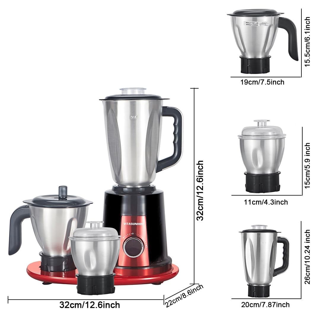 Vitasunhow Indian Mixer Grinder, features 800 Watt motor Comes with 3 Stainless Steel Jars