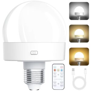 rechargeable battery operated light bulbs, 300lm e26 screw in (magnetic detachable) light bulb for lamps with remote control dimmable＆timer, wireless puck emergency lamp for non-hardwired wall sconce