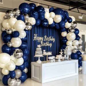 Navy Blue White Balloon Garland Double Stuffed Dark Blue White Sand Pearl Balloon arch Kit Royal Blue Silver Balloon for Birthday Chrismas New Year Baby Shower Graduation Party Decor