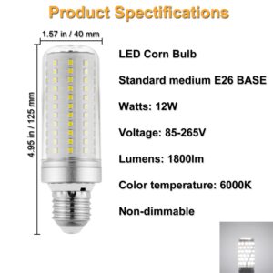 RAYHOO 12W LED Light Bulbs Incandescent 100-150 Watts Equivalent, E26/E27 Base, 1800Lumens Ultra Bright, Non-Dimmable,Pack of 2 (6000K White)