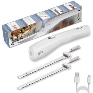 cushore cordless electric knife rechargeable easy-slice bread knife with 4 reciprocating serrated stainless steel blades, carving meats, poultry, bread, white