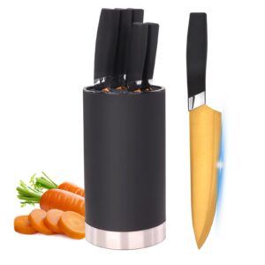 kitchen knife set, retrosohoo 6 pieces sharp stainless steel chef knife set with cylindrical block, ergonomic black handle knife with gold blades, knife set with gift box, house warming gift (black)