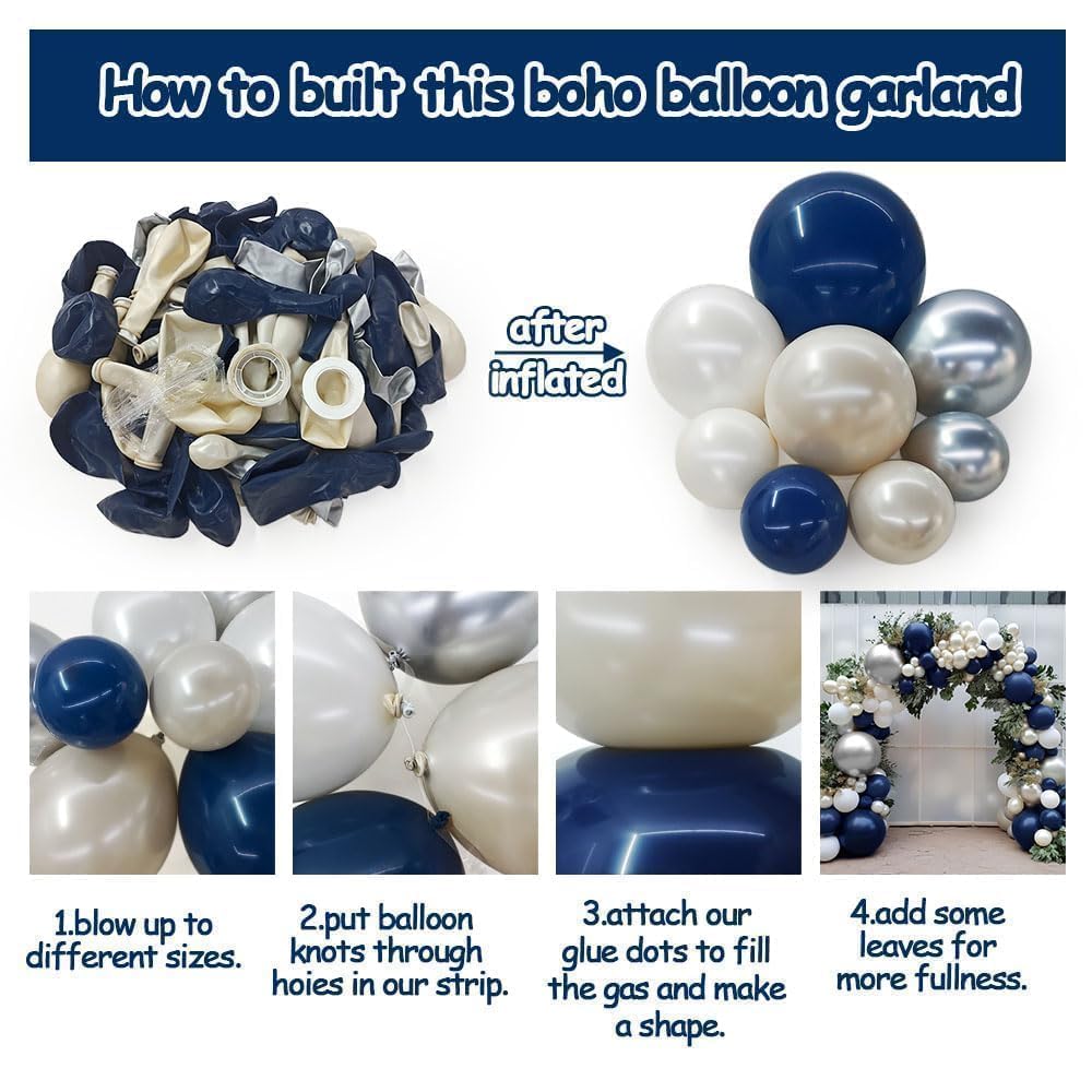 Navy Blue White Balloon Garland Double Stuffed Dark Blue White Sand Pearl Balloon arch Kit Royal Blue Silver Balloon for Birthday Chrismas New Year Baby Shower Graduation Party Decor