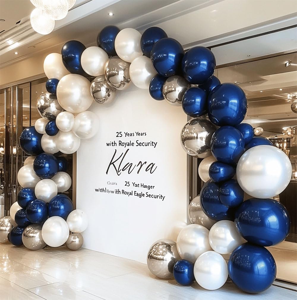 Navy Blue White Balloon Garland Double Stuffed Dark Blue White Sand Pearl Balloon arch Kit Royal Blue Silver Balloon for Birthday Chrismas New Year Baby Shower Graduation Party Decor