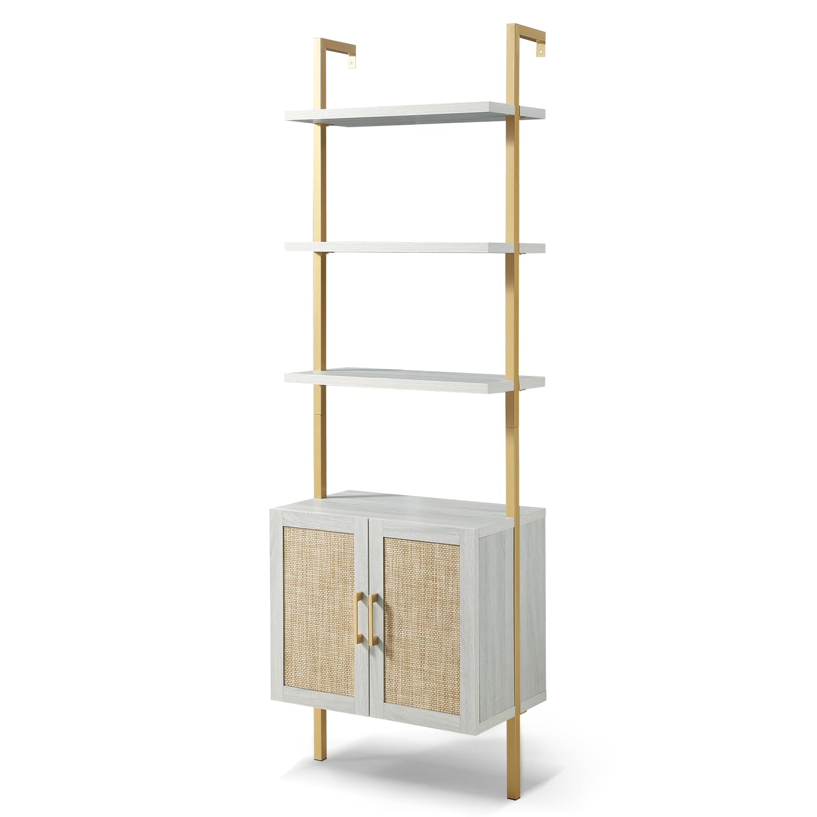 OAKHAM HOME 5 Tier Book Shelf, 73" Tall Bookshelf with Storage, Modern Bookcase with Shelves, Wall Mount Ladder Shelf with Steel Frame, Bookshelves with Rattan Cabinet for Living Room (Pale Oak)