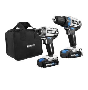 hart 20-volt cordless brushless drill and impact combo kit with 10" storage bag, (2) 2.0ah lithium-ion batteries, hpck252b