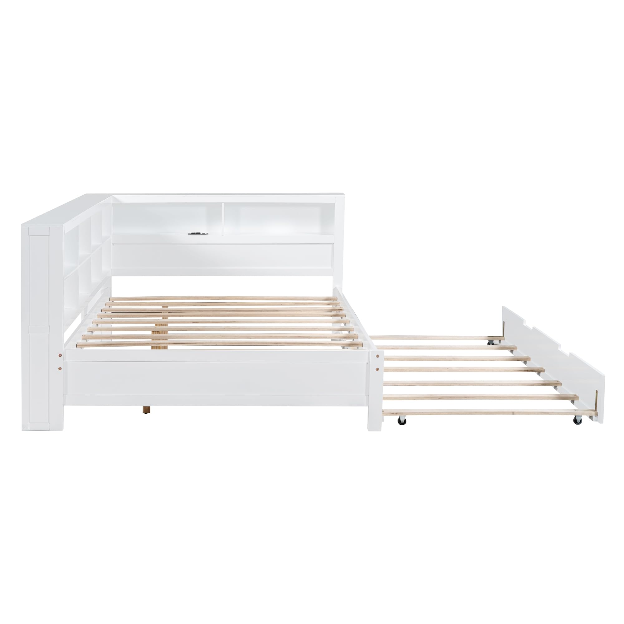 Harper & Bright Designs Full Daybed Frame with L-Shaped Bookcases, Wood Bed Frames with Trundle and USB Ports,Full Size Platform Bed with Storage Shelf and Charging Station for Kids Girls Boys, White