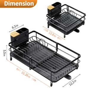 Urackify Expandable Dish Drying Rack for Kitchen Counter, Large Extendable Dish Rack with Bamboo Cover Cutlery Holder, Multifunctional Adjustable Dish Dryer Drainer with 270° Swivel Spout