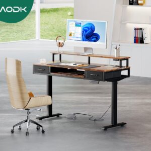 AODK Electric Standing Desk with Drawers & Keyboard Tray, 47 Inch Height Adjustable Small Gaming Desk with Power Outlets & LED Lights, Sit Stand Table with Monitor Stand for Home, Office, Rustic Brown