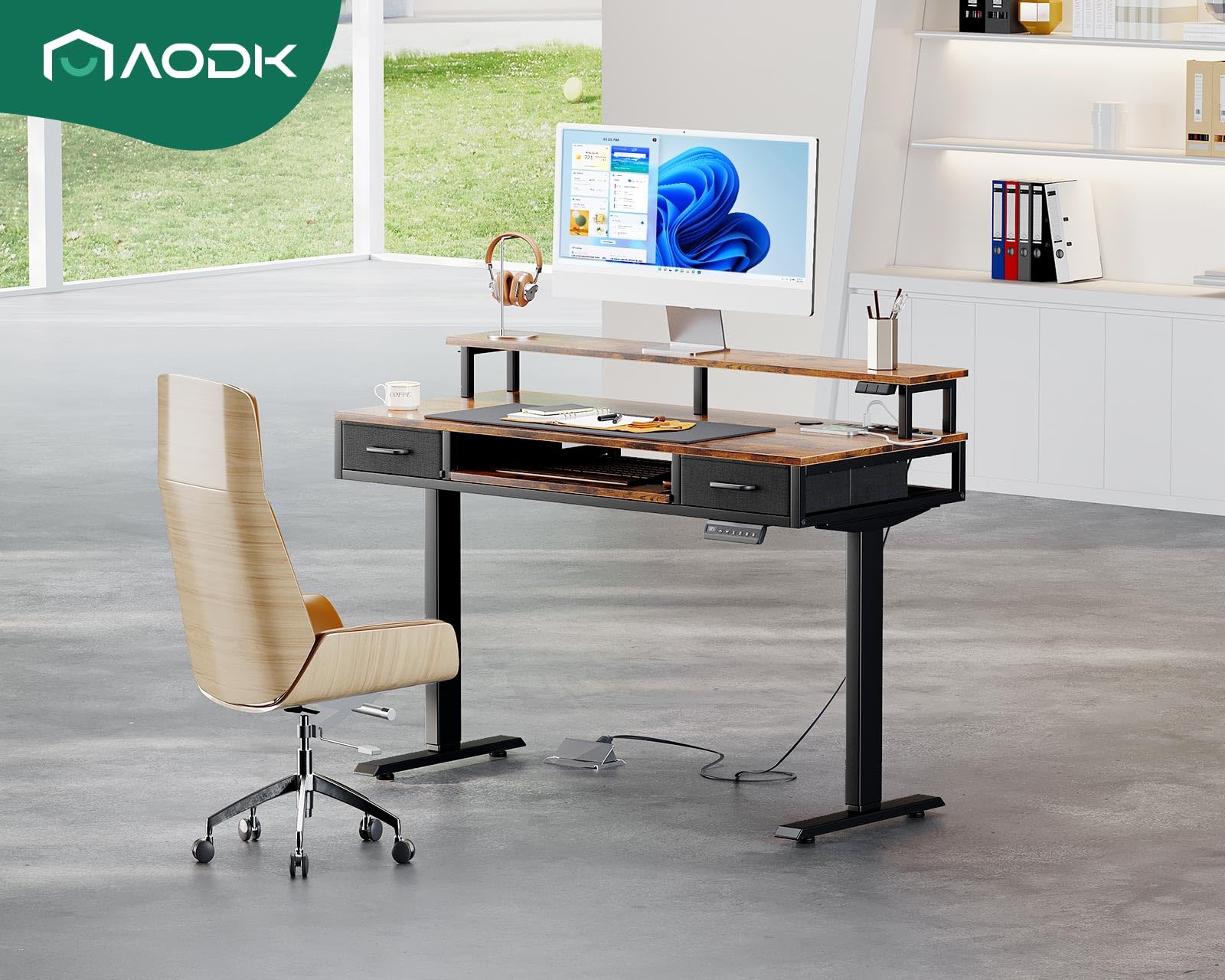 AODK Electric Standing Desk with Drawers & Keyboard Tray, 47 Inch Height Adjustable Small Gaming Desk with Power Outlets & LED Lights, Sit Stand Table with Monitor Stand for Home, Office, Rustic Brown