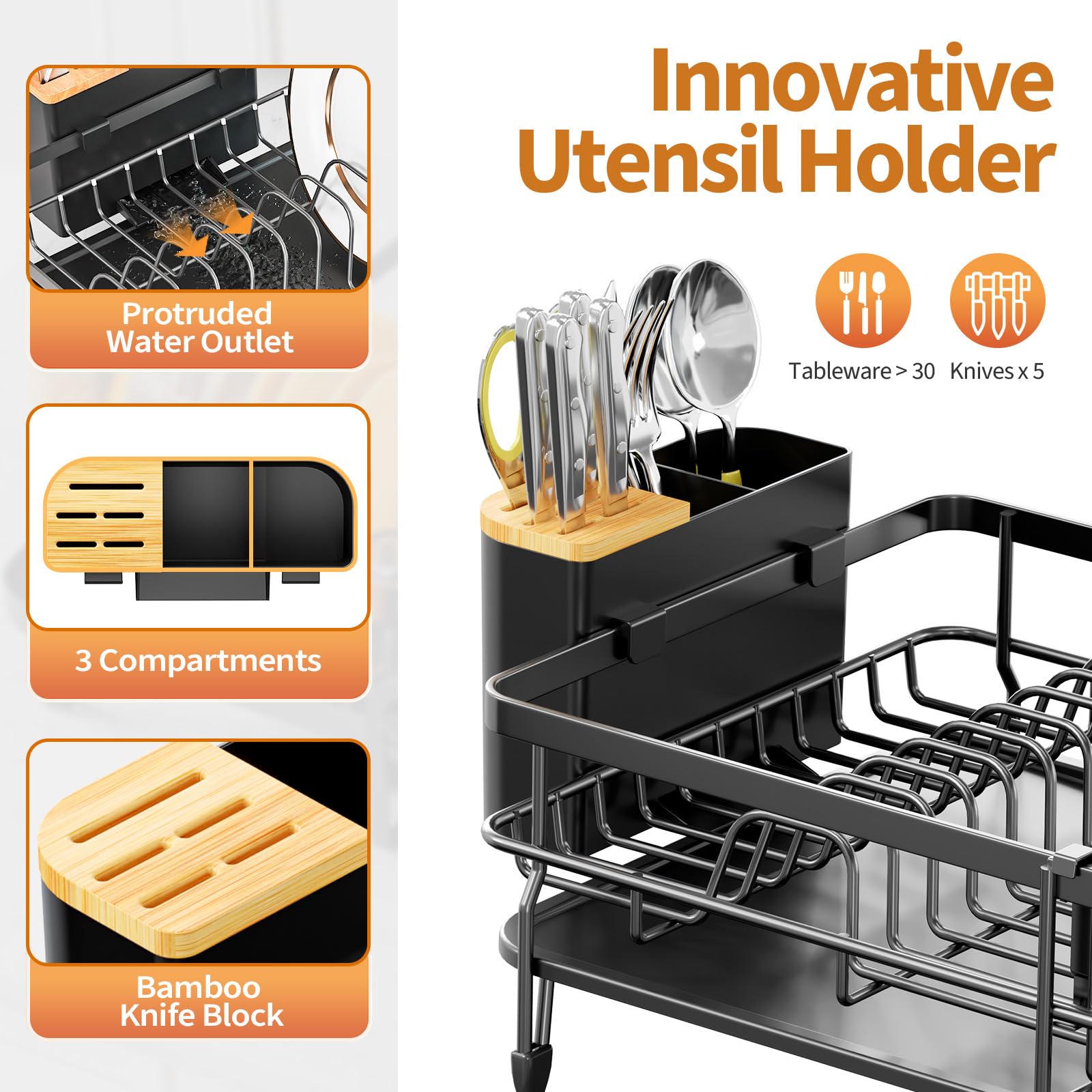 Urackify Expandable Dish Drying Rack for Kitchen Counter, Large Extendable Dish Rack with Bamboo Cover Cutlery Holder, Multifunctional Adjustable Dish Dryer Drainer with 270° Swivel Spout