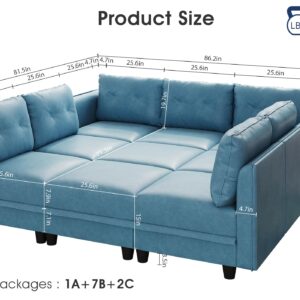 LLappuil Modular Sectional Sofa Faux Leather Sleeper Sectional Couch with Storage Convertible 9 Seats Modular Sofa Bed for Living Room, Navy Blue