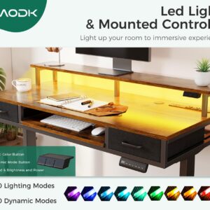 AODK Electric Standing Desk with Drawers & Keyboard Tray, 47 Inch Height Adjustable Small Gaming Desk with Power Outlets & LED Lights, Sit Stand Table with Monitor Stand for Home, Office, Rustic Brown