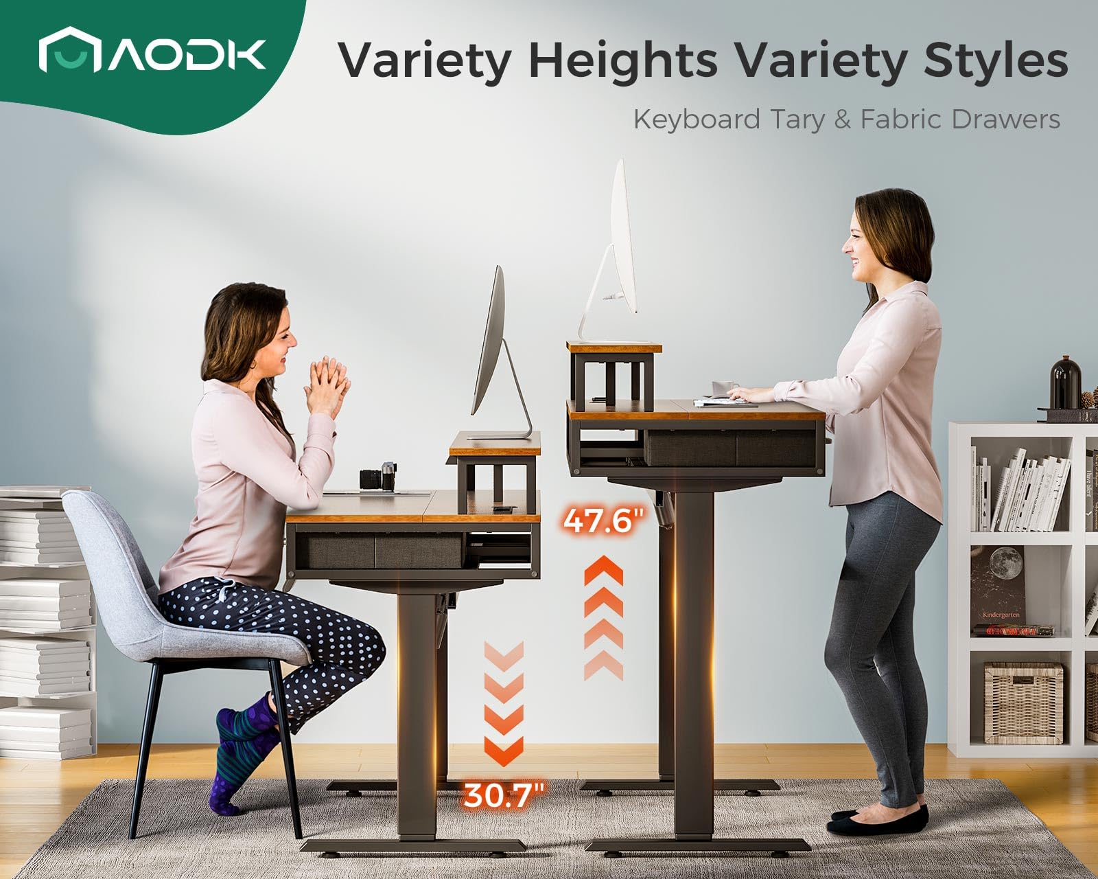 AODK Electric Standing Desk with Drawers & Keyboard Tray, 47 Inch Height Adjustable Small Gaming Desk with Power Outlets & LED Lights, Sit Stand Table with Monitor Stand for Home, Office, Rustic Brown