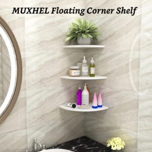 MUXHEL 4 Pcs Floating Corner Shelf with Mounting Accessories, Wooden White Round Corner Wall Shelves, Wall Mounted Corner Storage Shelf for Bathroom, Bedroom, Living Room