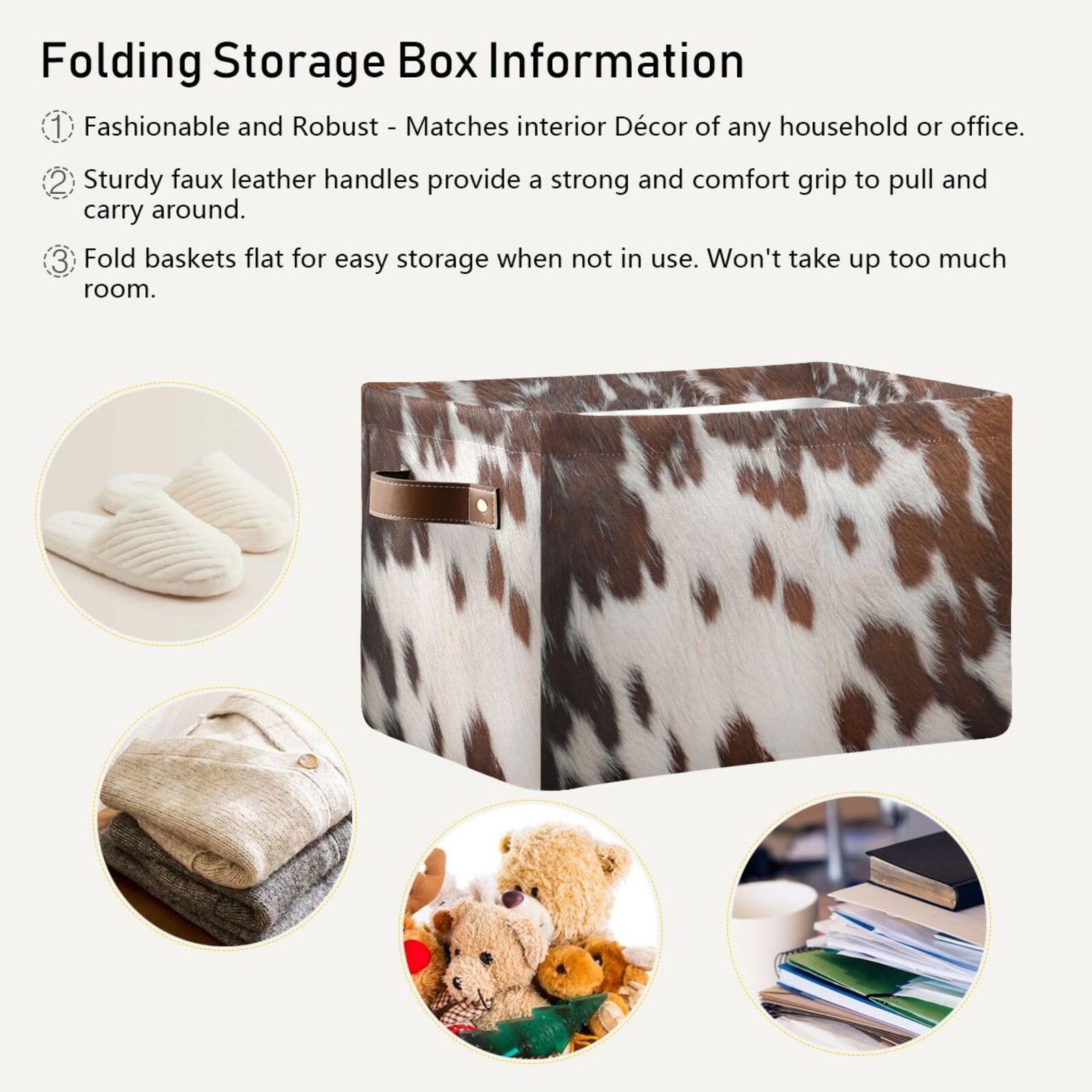 YETTASBIN Cow Print Storage Basket 1pc, Large Collapsible Toys Clothes Organizer, Durable Canvas Storage Bin with Handle for Shelves Closet Laundry Home Office Decor