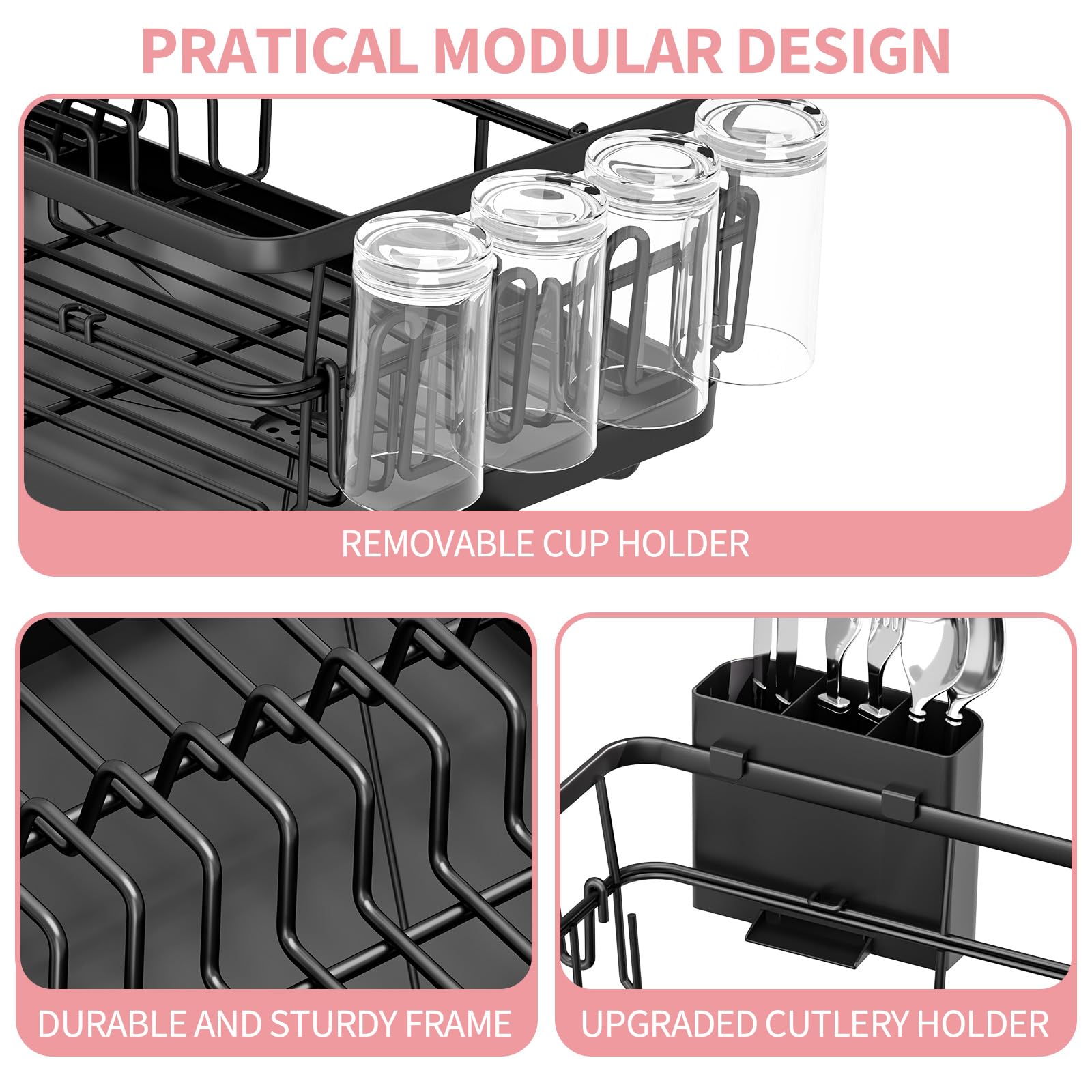 Urackify Dish Drying Rack for Kitchen Counter, Kitchen Dish Rack Black, Large Sink Dish Drainer Dryer Rack Small Space, Kitchen Dishes Strainer Drying Rack with Drain Board Cup Holder Cutlery Holder