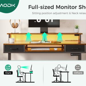 AODK Electric Standing Desk with Drawers & Keyboard Tray, 47 Inch Height Adjustable Small Gaming Desk with Power Outlets & LED Lights, Sit Stand Table with Monitor Stand for Home, Office, Rustic Brown