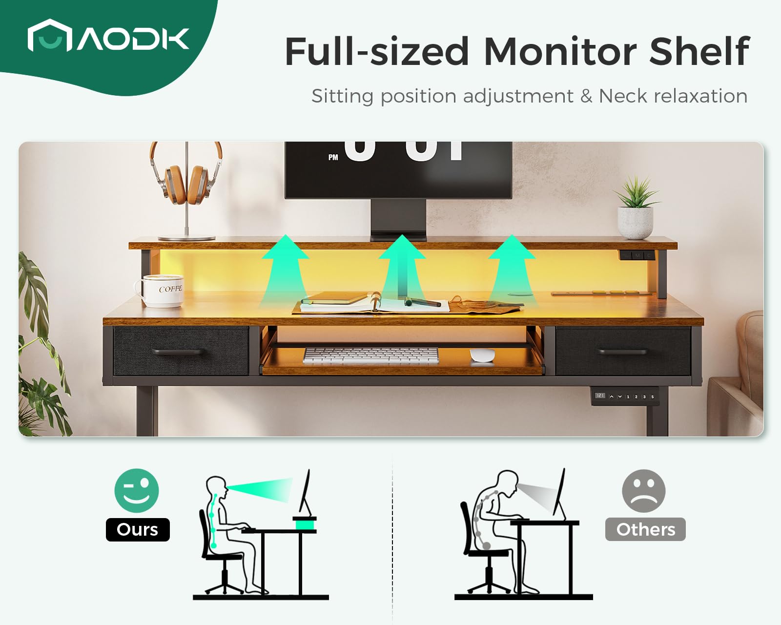 AODK Electric Standing Desk with Drawers & Keyboard Tray, 47 Inch Height Adjustable Small Gaming Desk with Power Outlets & LED Lights, Sit Stand Table with Monitor Stand for Home, Office, Rustic Brown