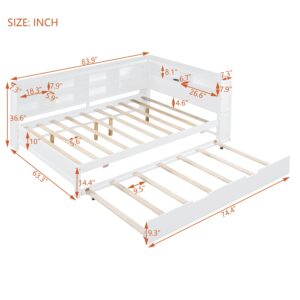 Harper & Bright Designs Full Daybed Frame with L-Shaped Bookcases, Wood Bed Frames with Trundle and USB Ports,Full Size Platform Bed with Storage Shelf and Charging Station for Kids Girls Boys, White