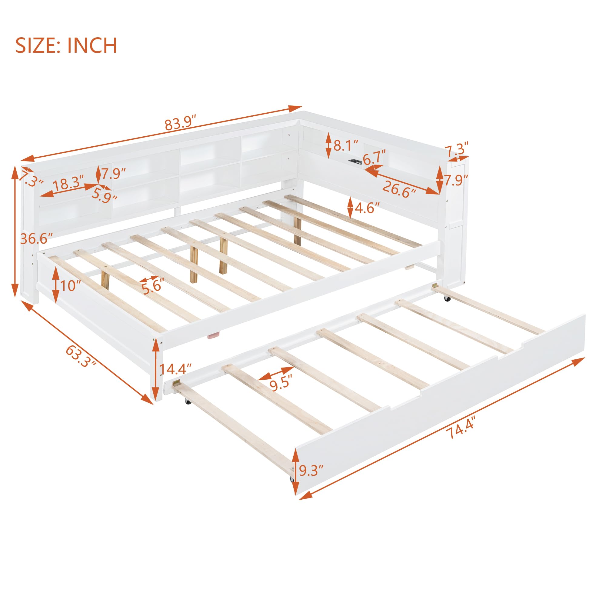 Harper & Bright Designs Full Daybed Frame with L-Shaped Bookcases, Wood Bed Frames with Trundle and USB Ports,Full Size Platform Bed with Storage Shelf and Charging Station for Kids Girls Boys, White