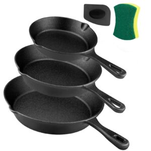 goeszooin cast iron skillet set -3 piece 6 inch, 8 inch and 10 inch cast iron pan, scraper+dish sponge - oven grill stovetop safe cookware.