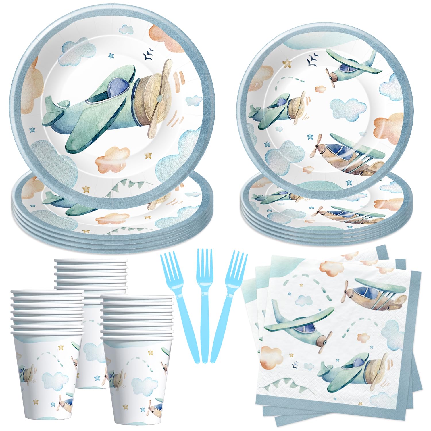 HIPVVILD Airplane Birthday Plates And Napkins Party Supplies - Airplane Party Decorations Tableware, Paper Plate, Cup, Napkin, Fork, Airplanes Birthday Baby Shower Decorations Dinnerware | Serve 24