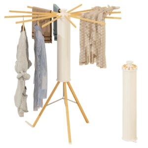 tripod drying rack portable, foldable drying rack clothing with 12 wood drying arms, standing laundry hanger rack round collapsible & portable handle for laundry room, balcony, bedroom, rv