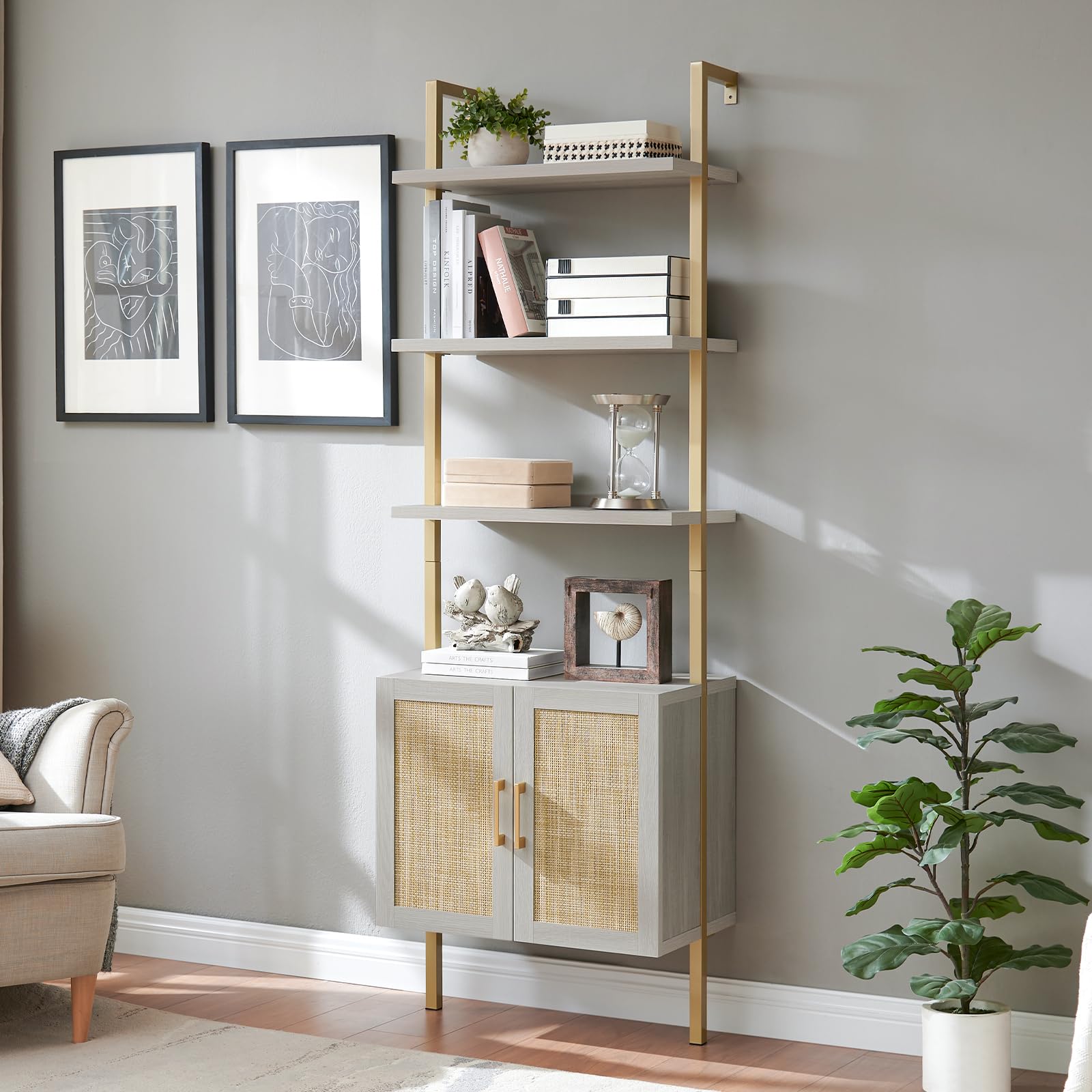 OAKHAM HOME 5 Tier Book Shelf, 73" Tall Bookshelf with Storage, Modern Bookcase with Shelves, Wall Mount Ladder Shelf with Steel Frame, Bookshelves with Rattan Cabinet for Living Room (Pale Oak)