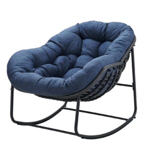 naga bahna outdoor rocking chair, patio wicker egg chair, indoor & outdoor comfy oversized papasan chair with padded cushion, royal rattan rocker for front porch, garden, patio (navy blue)