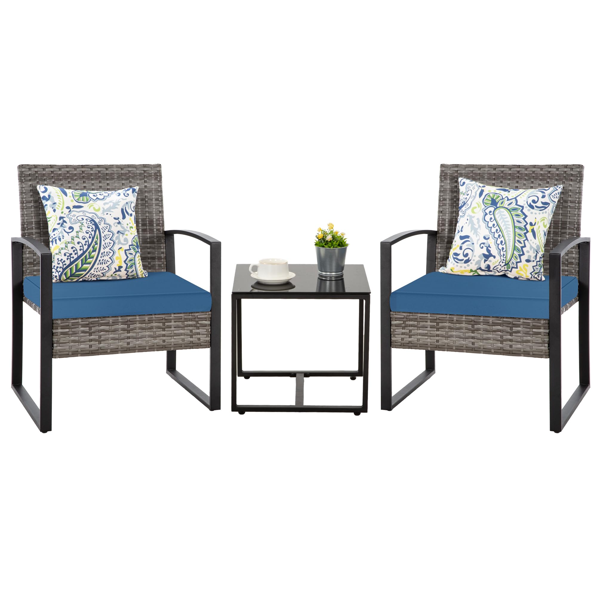 Seogwisam 3 Pieces Patio Furniture Set, Outdoor Wicker Conversation Bistro Set w/ 2 Chairs, 2 Cushions, Glass Coffee Table for Garden Balcony Backyard Porch Lawn - Grey Wicker & Blue Cushions