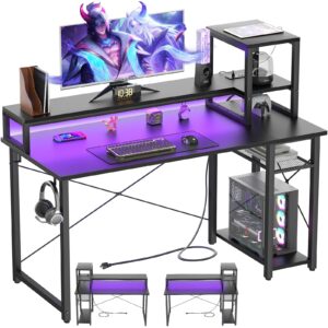 besiost gaming desk with lights & power outlets, 39.4' computer desk with shelves, small desk for small space, writing desk with monitor stand, black