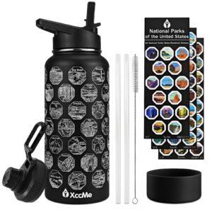 xccme national parks water bottle with stickers,32 oz insulated stainless steel water bottle with 2 lids,straws,silicone boot,waterproof stickers,travel vacuum sealed water bottle,leak proof (black)